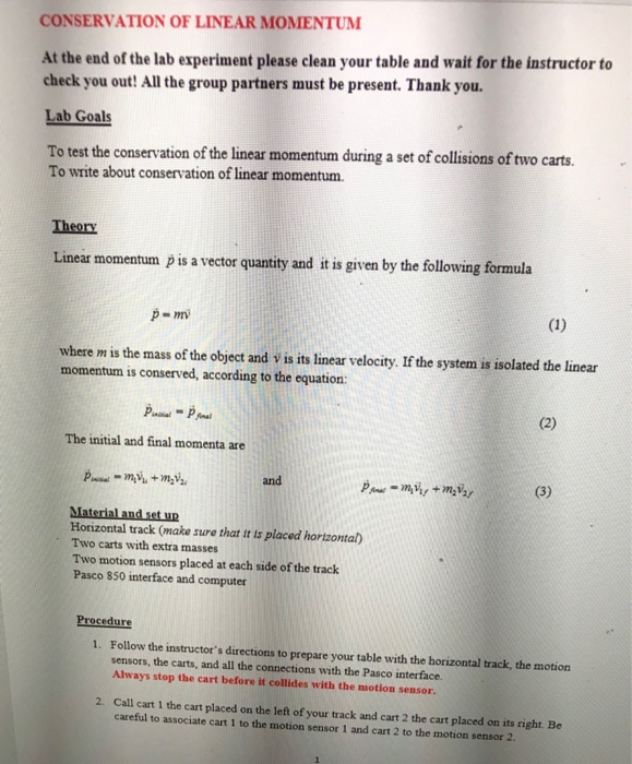 CONSERVATION OF LINEAR MOMENTUM At the end of the lab | Chegg.com