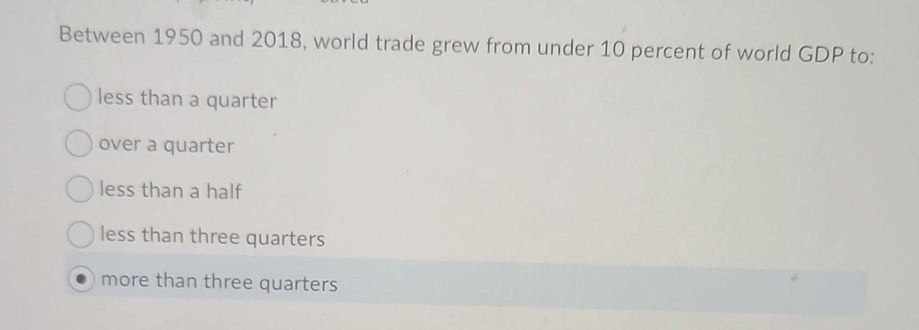 Solved Between 1950 and 2018, world trade grew from under 10 | Chegg.com