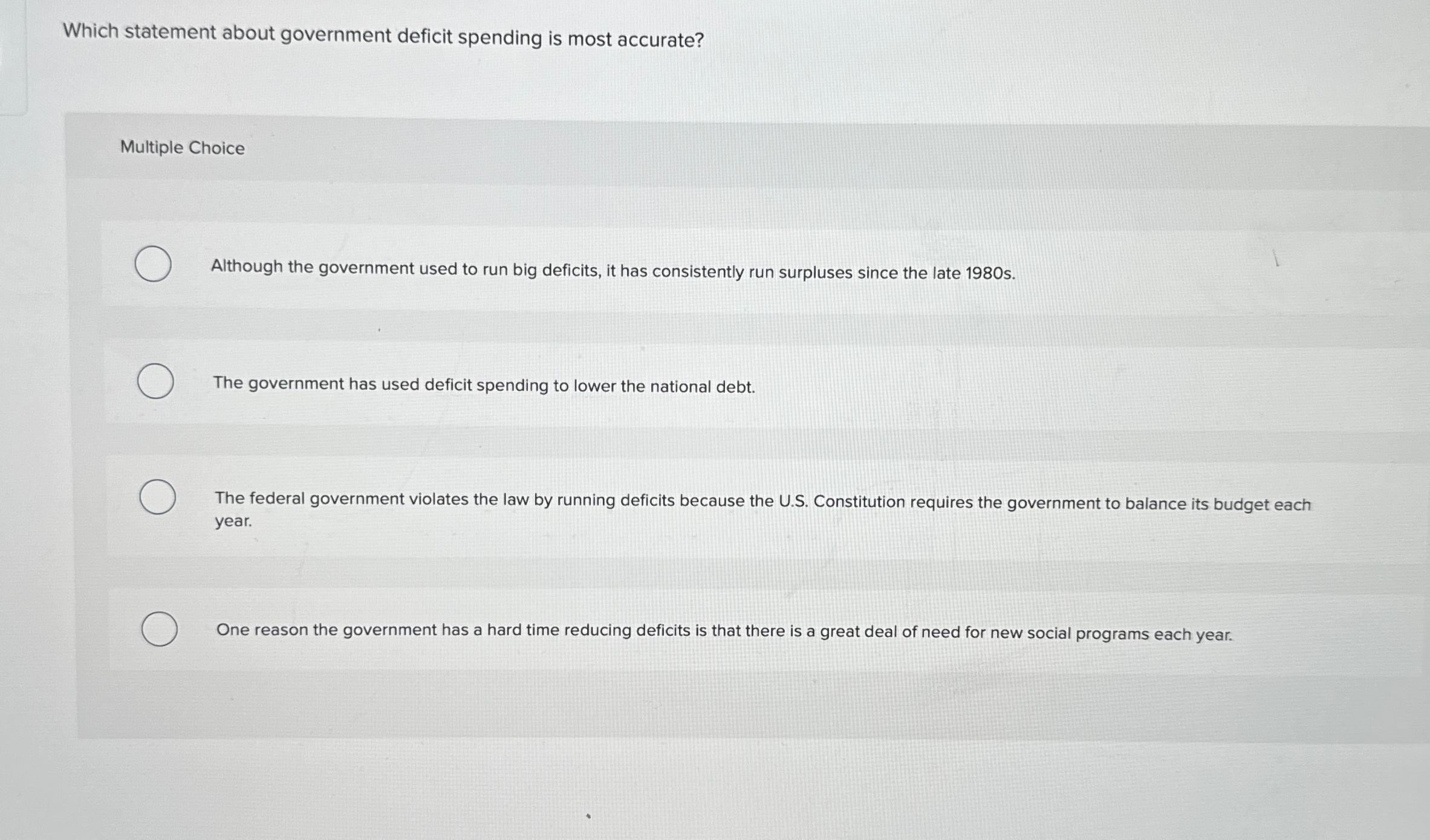 Solved Which statement about government deficit spending is | Chegg.com