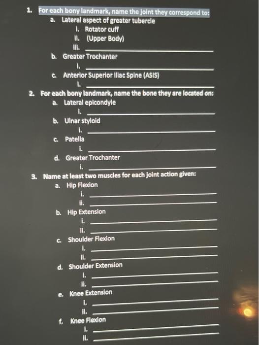 Solved 1. For each bony landmark, name the Joint they | Chegg.com