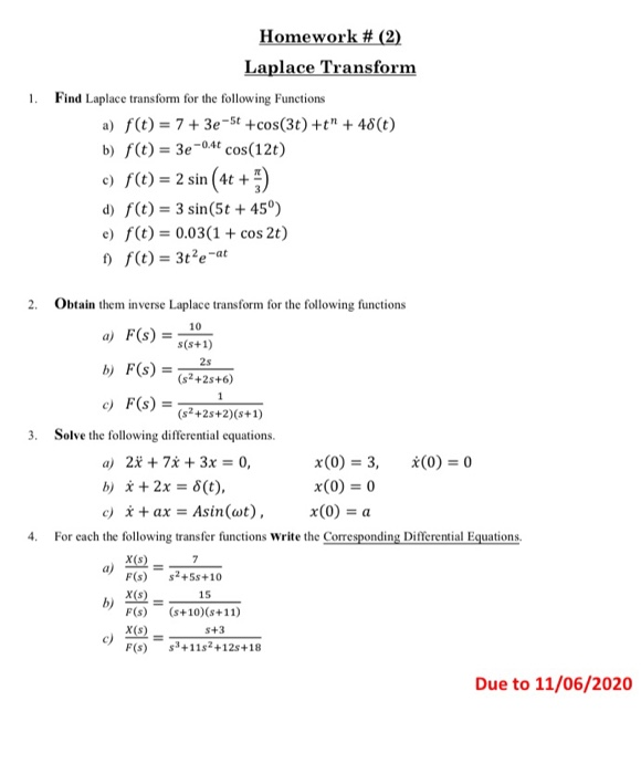 Solved Homework # (2) Laplace Transform 1. Find Laplace | Chegg.com