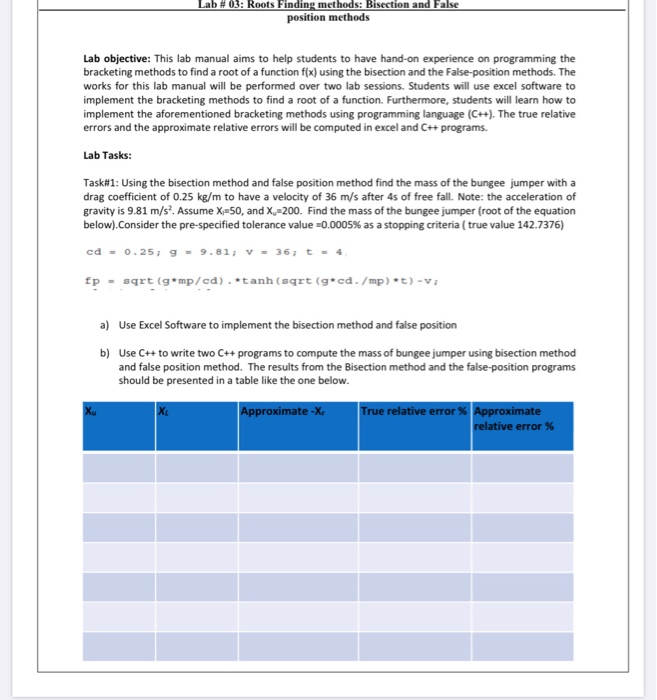 Solved Lab 03 Roots Finding Methods Bisection And False