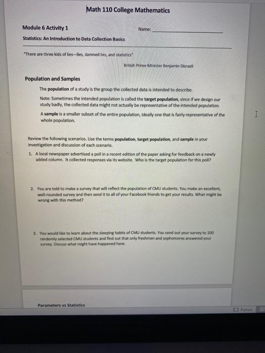 Math 110 College Mathematics Name: Module 6 Activity | Chegg.com