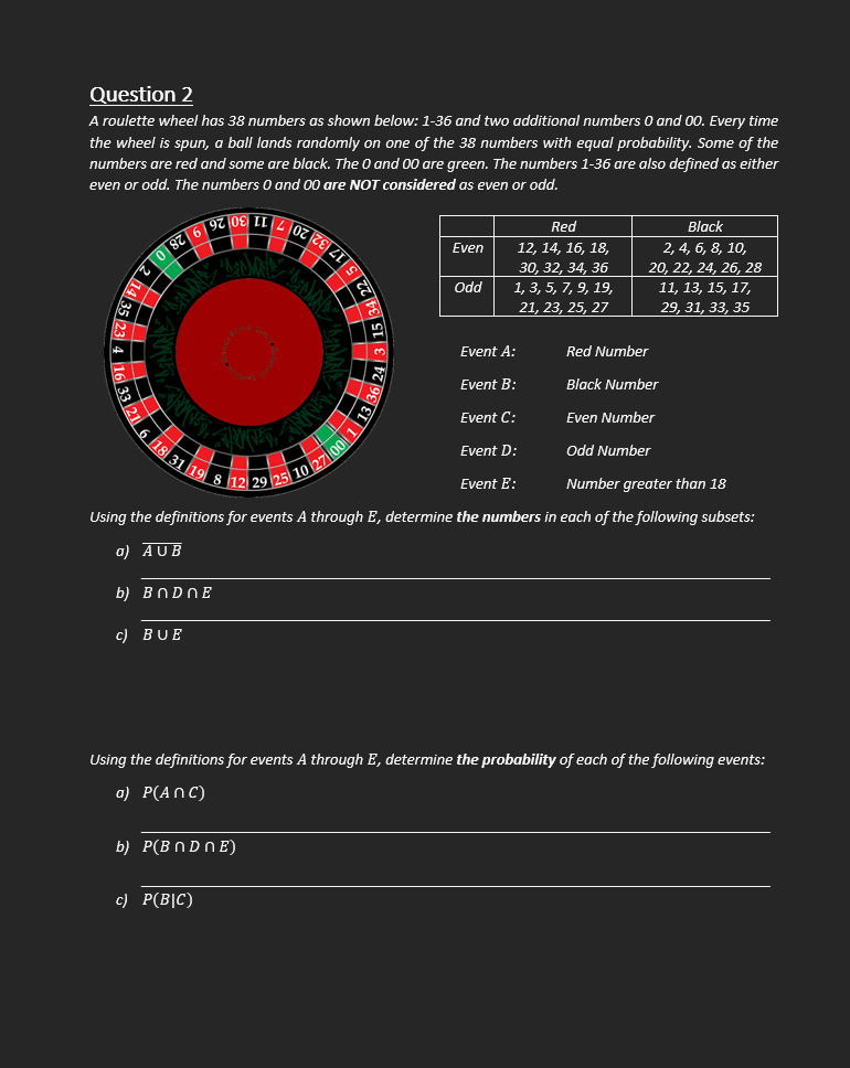 Solved Question 2A roulette wheel has 38 ﻿numbers as shown | Chegg.com