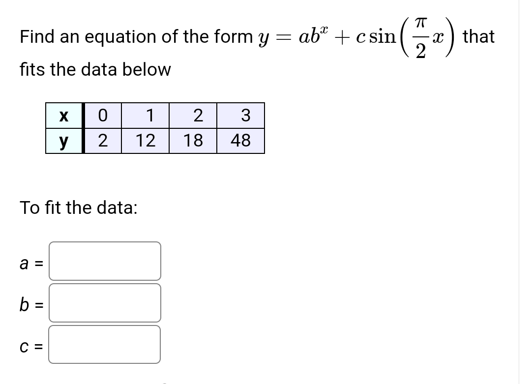 Solved Find an equation of the form y=abx+csin(π2x) ﻿that | Chegg.com
