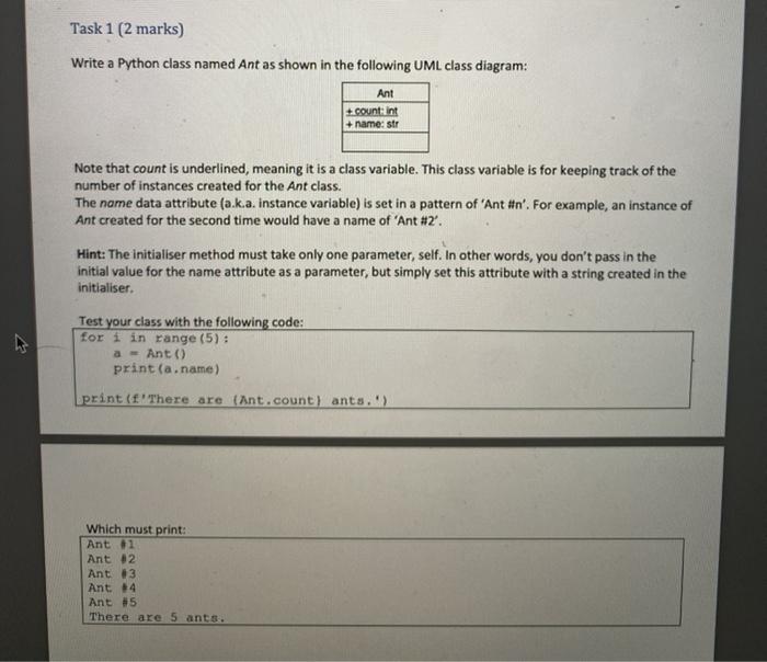 Solved Task 1 2 Marks Write A Python Class Named Ant As