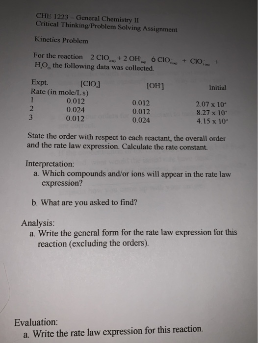 Solved For the reaction 2 ClO2(aq) + 2 OH-(aq) ó | Chegg.com
