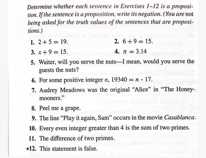 Solved Determine whether each sentence in Exercises 1-12 is | Chegg.com