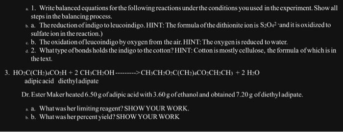 Solved a. 1. Write balanced equations for the following | Chegg.com