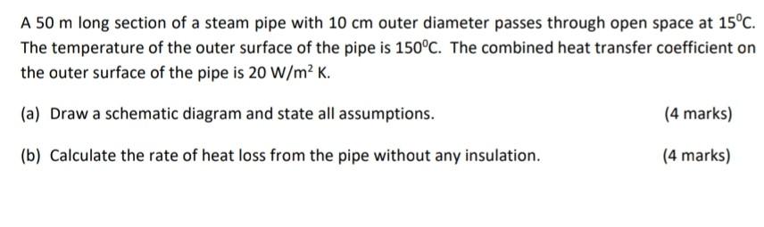 Solved A 50 m long section of a steam pipe with 10 cm outer | Chegg.com