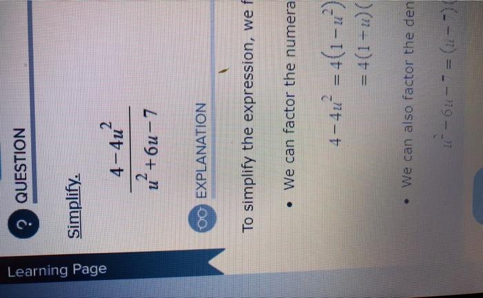Solved Simplify. u2+6u−74−4u2 EXPLANATION To simplify the | Chegg.com