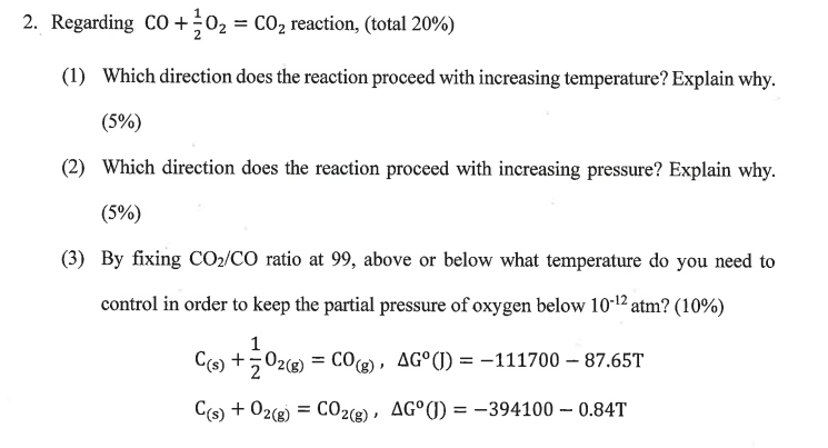 Solved Regarding CO+12O2=CO2 ﻿reaction, (total 20% )(1) | Chegg.com