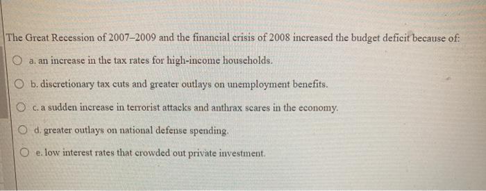 Solved The Great Recession of 2007-2009 and the financial | Chegg.com