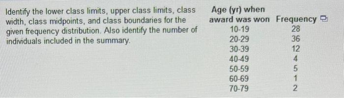 Solved Identify the lower class limits, upper class limits, | Chegg.com