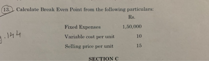 Solved (13. Calculate Break Even Point from the following | Chegg.com