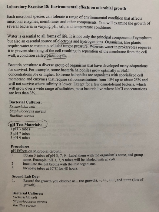 Laboratory Exercise 18: Environmental effects on | Chegg.com