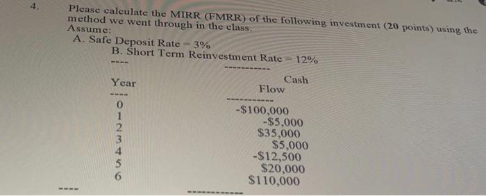 Solved Please calculate the MIRR (FMRR) of the following | Chegg.com