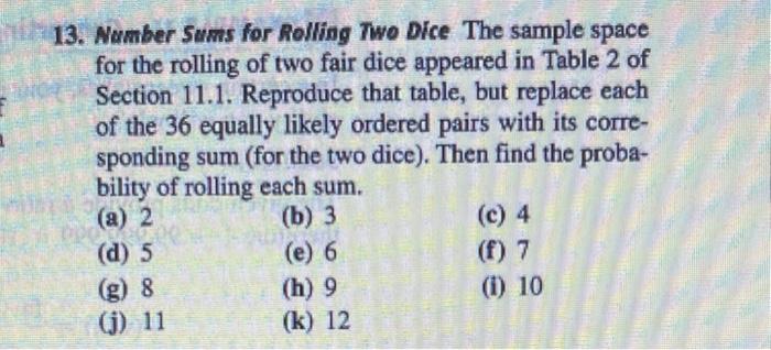 Solved 13. Number Sums for Rolling Two Dice The sample space | Chegg.com