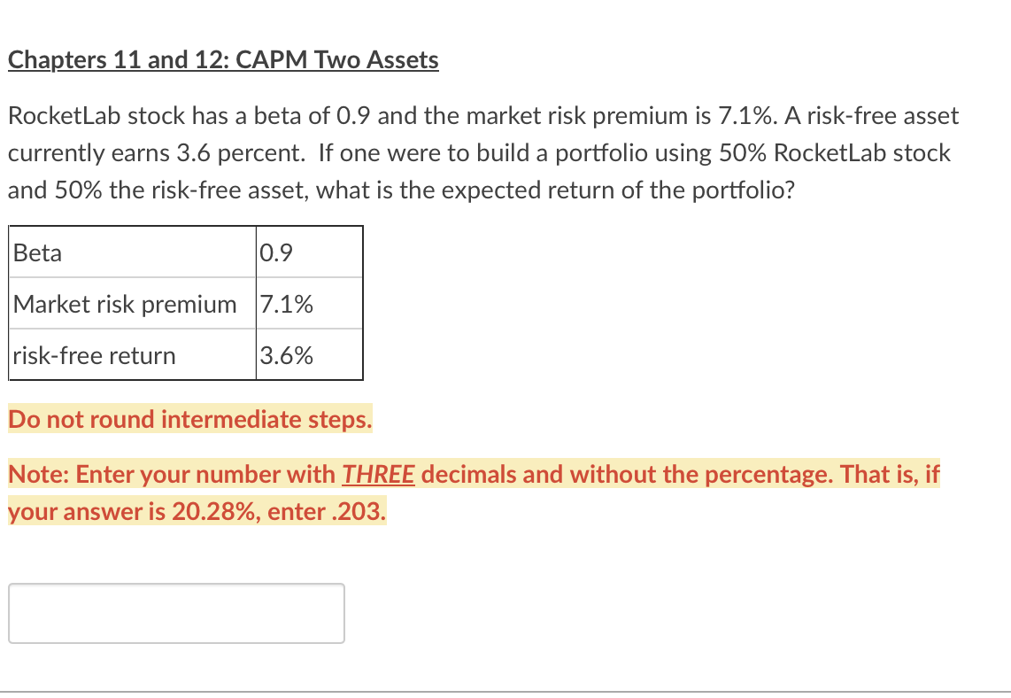 Solved Chapters 11 ﻿and 12: CAPM Two AssetsRocketLab stock | Chegg.com