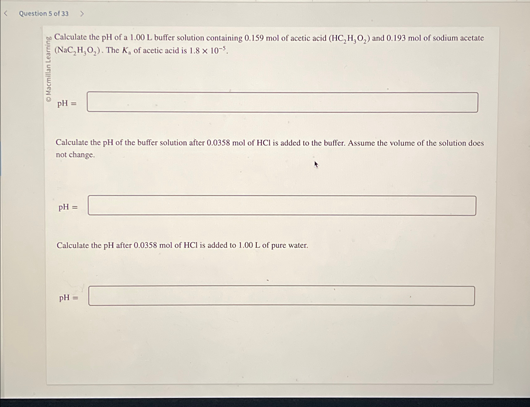 Solved Question 5 ﻿of 33Calculate the pH ﻿of a 1.00L ﻿buffer | Chegg.com