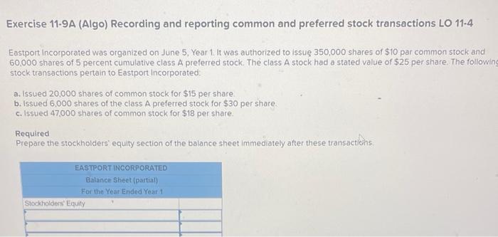 Solved Exercise 11-9A (Algo) Recording and reporting common | Chegg.com