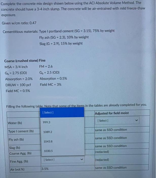Solved Complete the concrete mix design shown below using | Chegg.com
