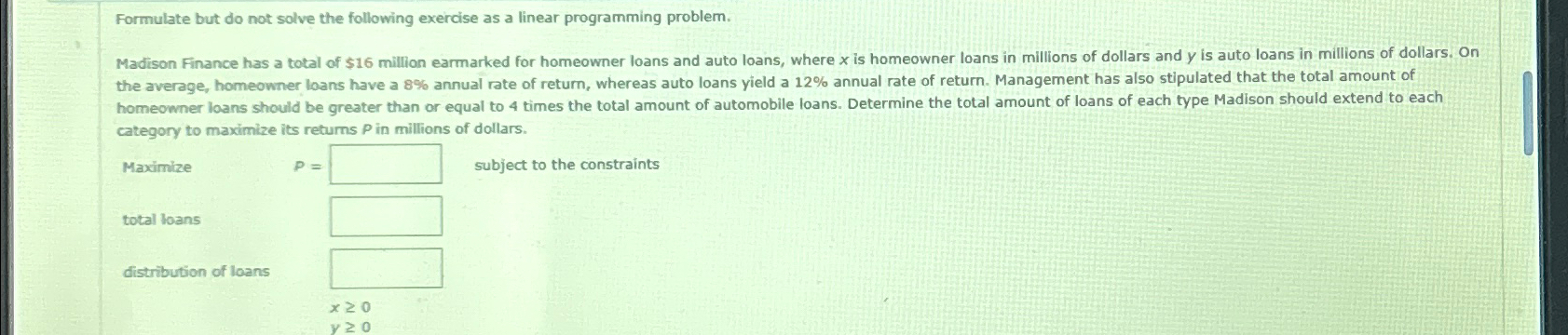 Solved Formulate but do not solve the following exercise as | Chegg.com
