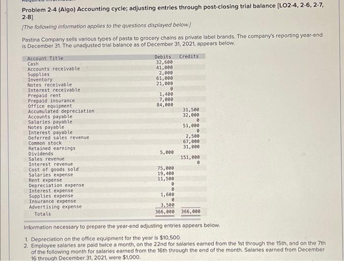 Solved Problem 2-4 (Algo) Accounting cycle; adjusting | Chegg.com
