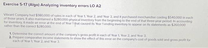 Exercise 5-17 (Algo) Analyzing inventory errors LO A2 | Chegg.com