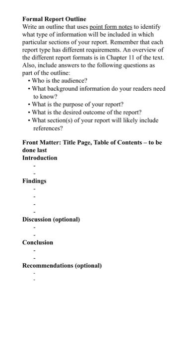 Formal Report Outline Write an outline that uses | Chegg.com