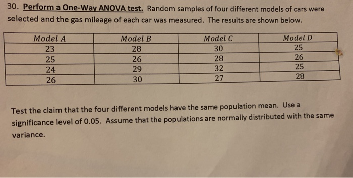 Solved 30. Perform a One-Way ANOVA test. Random samples of | Chegg.com
