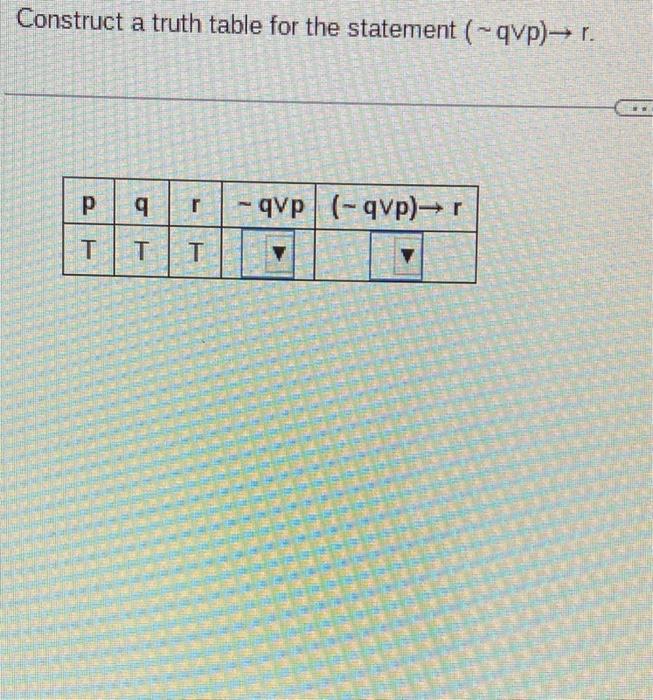 Solved Construct a truth table for the statement (∼q∨p)→r. | Chegg.com