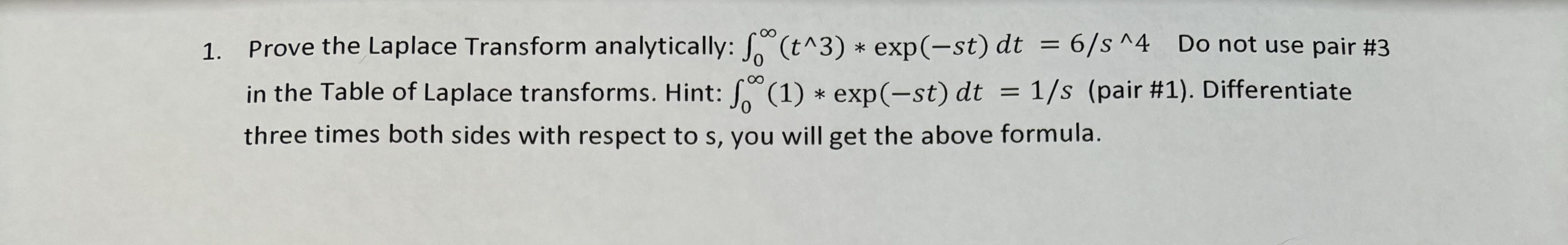 Prove the Laplace Transform analytically: | Chegg.com