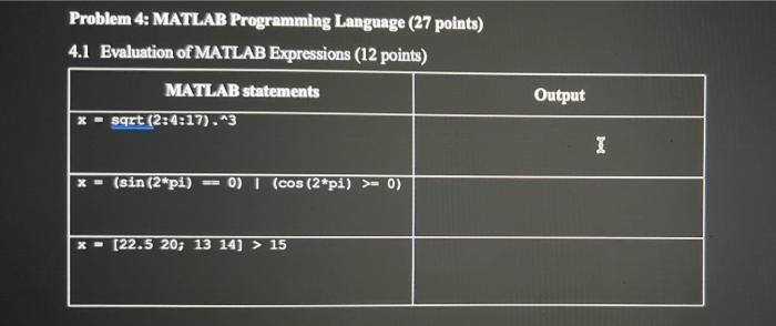 Solved Problem 4: MATLAB Programming Language (27 points) | Chegg.com
