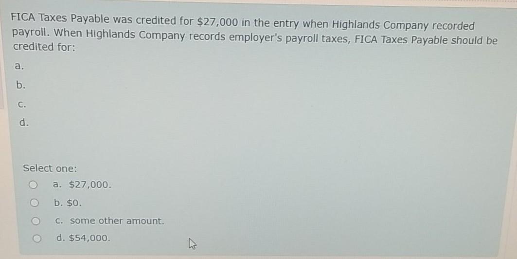 Solved FICA Taxes Payable was credited for $27,000 in the | Chegg.com