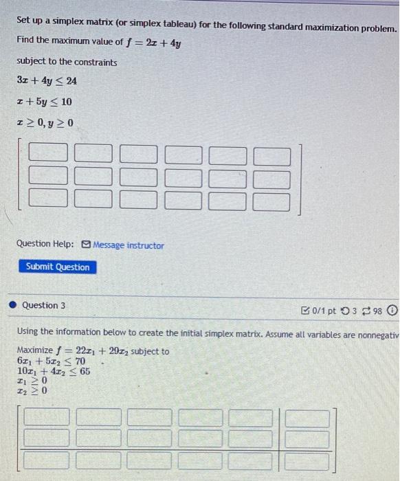Solved Set Up A Simplex Matrix Or Simplex Tableau For The
