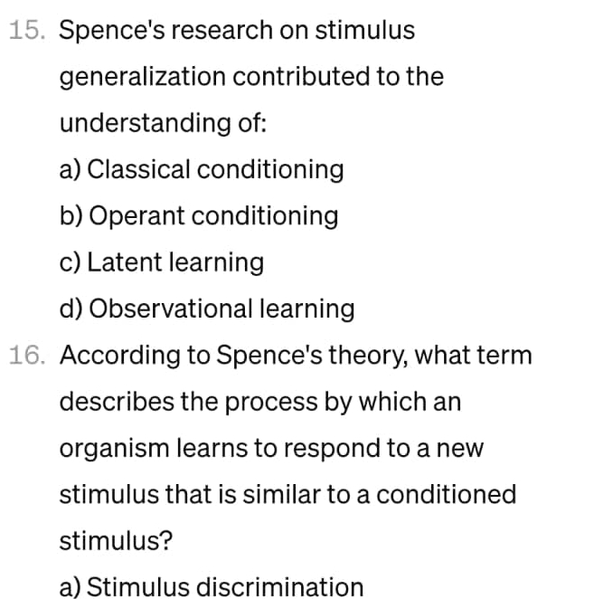 Solved Spence's research on stimulus generalization | Chegg.com