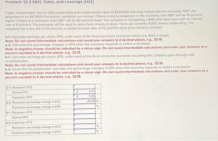 Solved Problem 13-2 EBIT, Taxes, and Leverage [LO2] Fujita, | Chegg.com