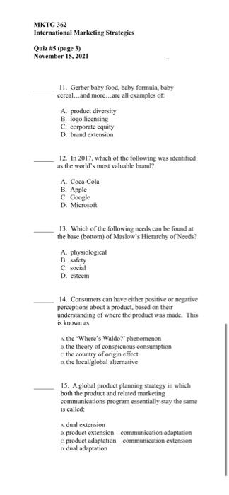 Solved MKTG 362 International Marketing Strategies Quiz 5 | Chegg.com