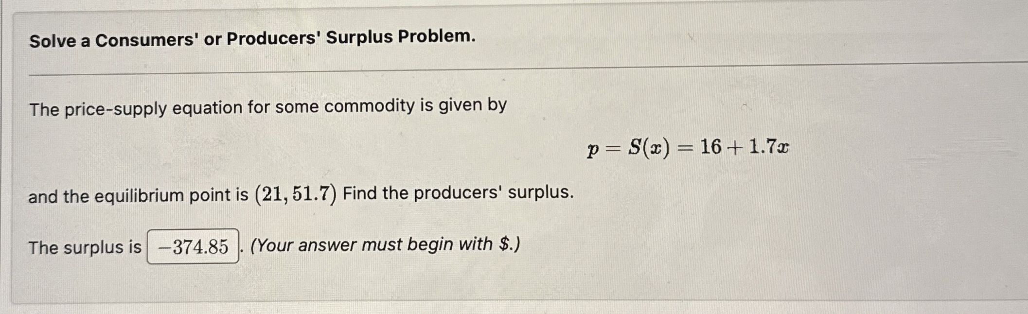 Solved Solve a Consumers' or Producers' Surplus Problem.The | Chegg.com