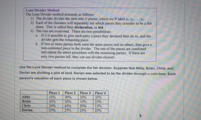 Solved Divider-Chooser Method 1. The divider cuts the item | Chegg.com