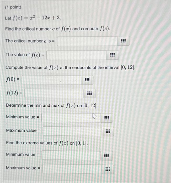 Solved Let f(x)=x2−12x+3. Find the critical number c of f(x) | Chegg.com