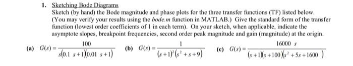 Solved 1. Sketching Bode Diagrams Sketch (by hand) the Bode | Chegg.com