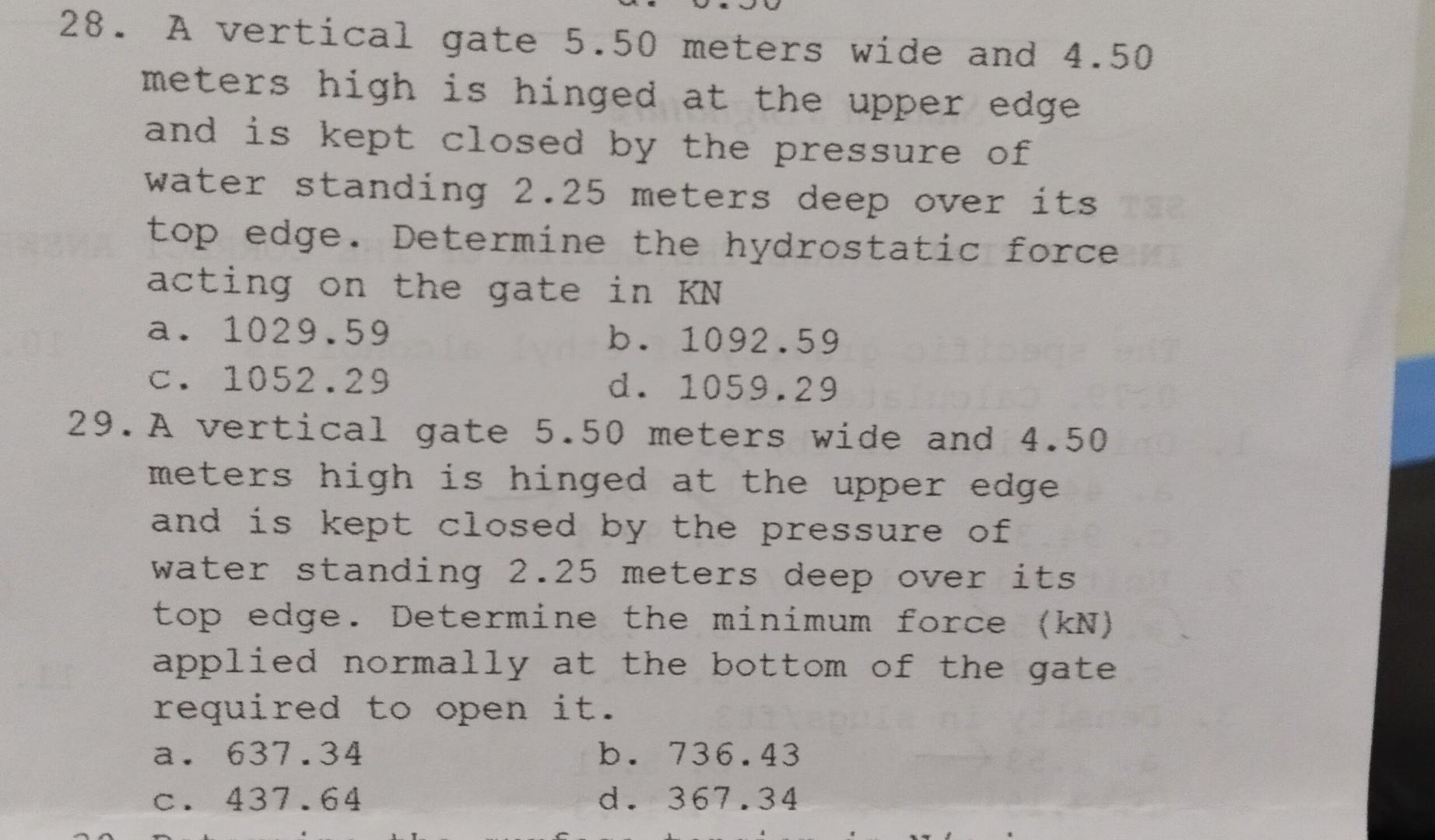 Solved 28. A vertical gate 5.50 meters wide and 4.50 meters | Chegg.com