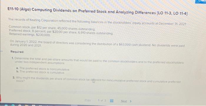 Solved E11-10 (Algo) Computing Dividends on Preferred Stock | Chegg.com