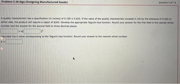 Solved A quality characteristic has a specification (in | Chegg.com