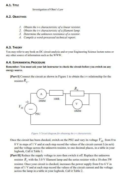 Solved A.1. TITLE Investigation of Ohms Law A.2. OBJECTIVES | Chegg.com