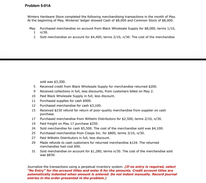 Solved Problem 5-01A Winters Hardware Store completed the | Chegg.com