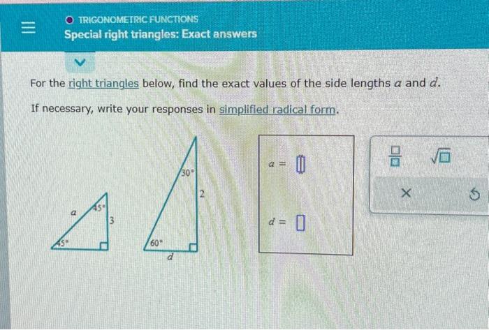 Solved For the right triangles below, find the exact values | Chegg.com