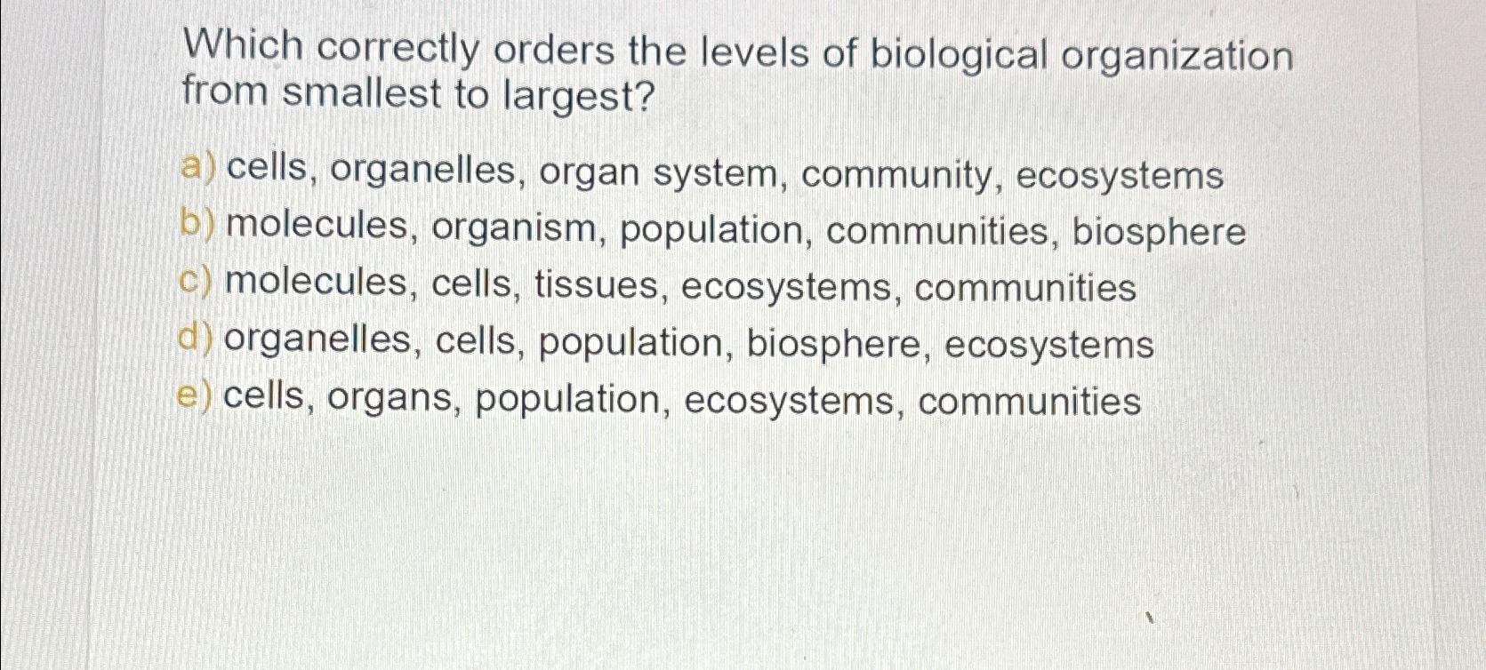 Solved Which correctly orders the levels of biological | Chegg.com
